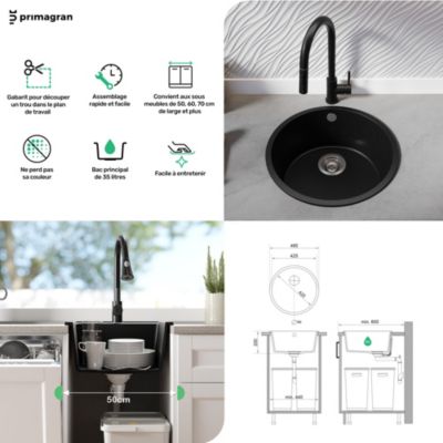 PRIMAGRAN Evier cuisine Granit Rond Beige 46x46cm, Evier 1 bac + Kit de ...