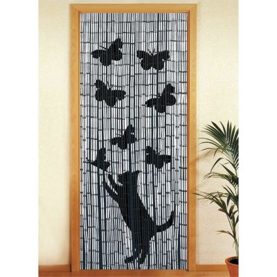 Rideau de porte en bambou à motifs chat et papillon Gris, l. 90 x H. 200 cm