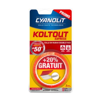 Ruban adhésif double face Cyanolit Koltout Express 3 m x 19 mm + 20% ...