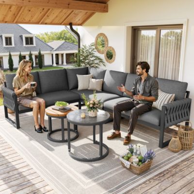Salon de jardin 5-6 places - canapé d'angle + 2 tables basses - cordage ...