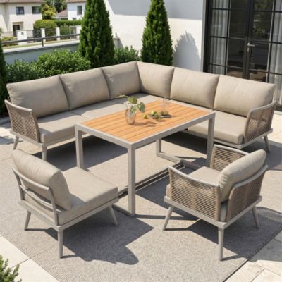 Salon de jardin 6-7 personnes - canapé d'angle - 2 fauteuils - table ...