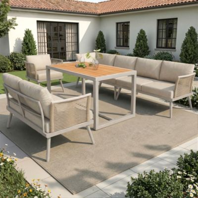 Salon de jardin 6-7 personnes - canapé d'angle - 2 fauteuils - table ...