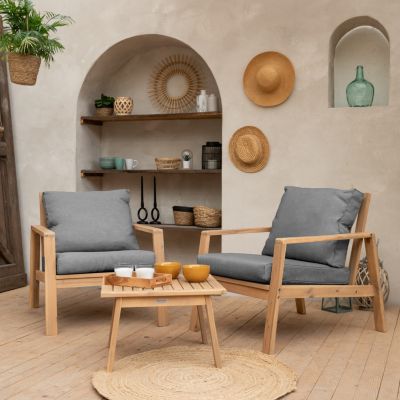 Salon de jardin en acacia 2 places GILI - coussins gris - HAPPY GARDEN