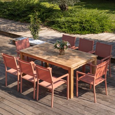 Salon de jardin en teck JAVA avec chaises en aluminium terracotta - 8 ...