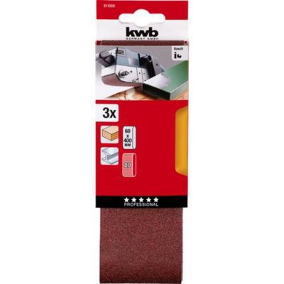 Set de 3 bandes abrasives corindon 400 x 60 mm, grain 80 pour bois et métal