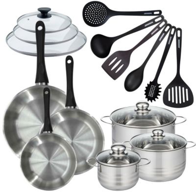 Set de 3 poêles 20 24 28 cm en inox, couvercles verres, 3 faitouts inox ...