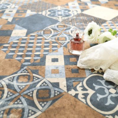 Sol PVC - Carreaux Art Déco - Marron et Bleu Gris - Rouleau de 2m x 10m