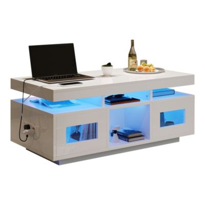 Table basse blanche brillante 100x50x43cm, LED app, armoire + recharge ...