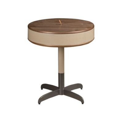 Table d'angle ronde en similicuir, noyer et acier gris
