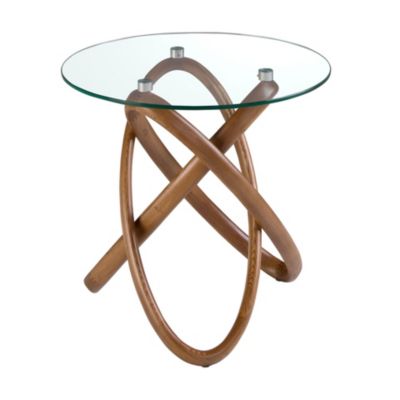 Table d'angle ronde en verre trempé et bois de noyer - Élégance moderne