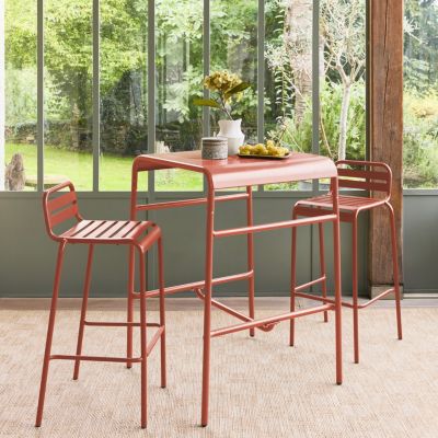Table haute de jardin acier + 2 assises AMELIA terracotta. 2 chaises ...