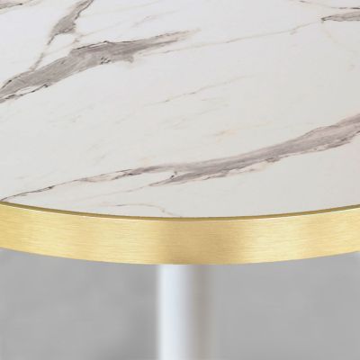 Table ronde 120cm - pied blanc, plateau marbre blanc chants laiton ...
