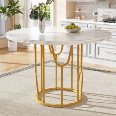 Table ronde 80 x 80 cm plateau MDF effet marbre pieds dorés design ...