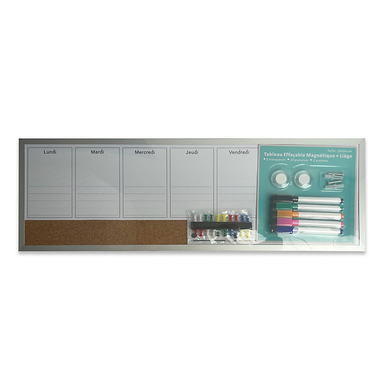 Tableau semainier effaçable magnétique et liège l.56 x H.19 cm + 5 ... Tableau semainier effaçable magnétique et liège l.56 x H.19 cm + 5 ...
