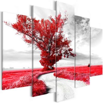 Tableau Tree near the Road (5 Parts) Red 100x50 cm