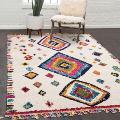 Tapis berbère tissé motif ethnic LYN5 OURIKA, ivoire