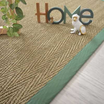 Tapis Jonc de mer - Bihar fin chevron - Ganse coton vert olive - 200 x ...