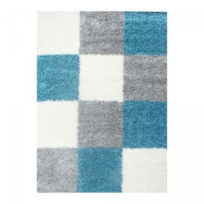 Tapis poils longs shaggy tissé motif damier CARRÉ A, Bleu ciel, gris, crème