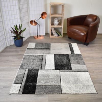 Tapis salon et chambre tissé motif géométrique LYN8 GEOME, Gris, noir