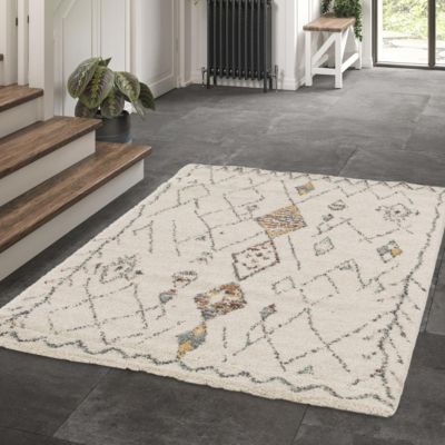 Tapis shaggy tissé motif berbère AURORA 1, Ecru, beige
