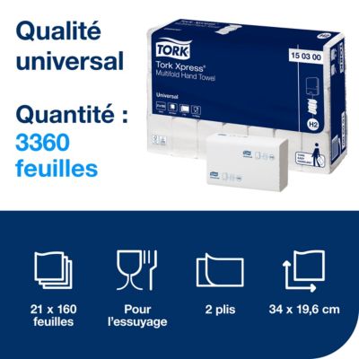 Tork Xpress Essuie-mains interfoliés blancs H2, Universal, 100 % fibres ...