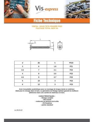 VBA Vis bois agglo Tête fraisée Pozi numéro 1 3X25 Filetage total Inox ...