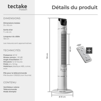 Ventilateur colonne oscillant 3 modes de ventilation et 3 niveaux de ...