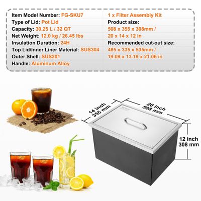 VEVOR Bac glace encastrable 30,25 L, inox, couvercle. Conservateur ...