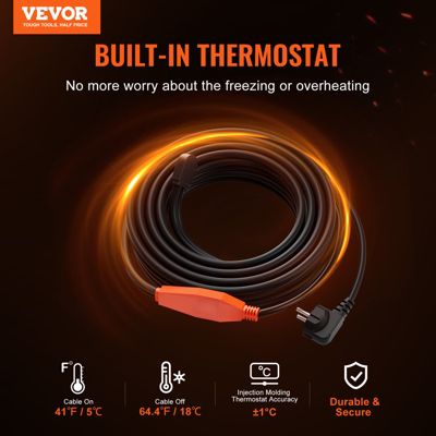 VEVOR Câble chauffant tuyaux antigel 25m, 23W/m, thermostat.