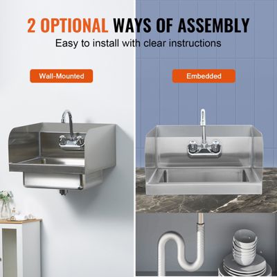 VEVOR Lave-mains mural/encastrable 432x381x330 mm, inox, robinet ...