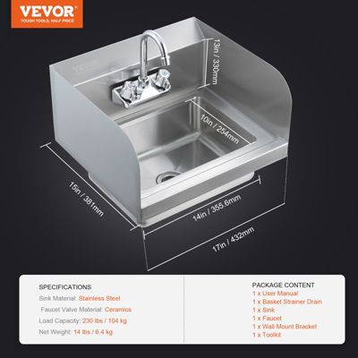 VEVOR Lave-mains mural/encastrable 432x381x330 mm, inox, robinet ...