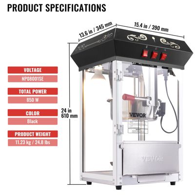 VEVOR Machine pop corn 850 W, bol 227 g, verre trempé. Style cinéma ...