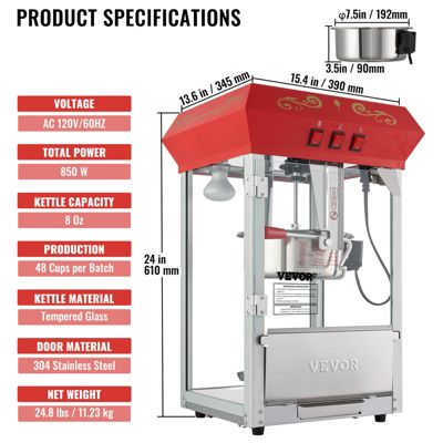 VEVOR Machine pop corn 850 W, bol 227 g, verre trempe, 4 cuillères ...
