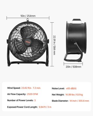 VEVOR Ventilateur sol 3 vitesses, métal 355.6mm, inclinaison 360