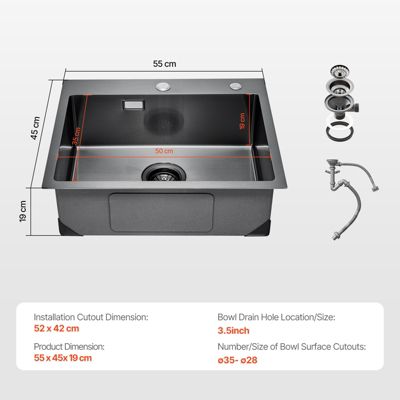 VEVOR Évier cuisine 55 cm acier inox 304 montage par le haut, cuve ...