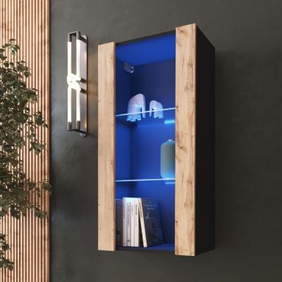 Vitrine Murale Komodee TIVOLI - LED bleues - Bois naturel & Noir ...
