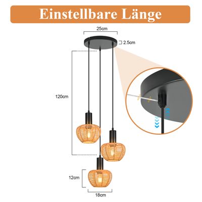 ZMH Suspension Manger Noir 3 Lampe E27 Vintage Sans Ampoule